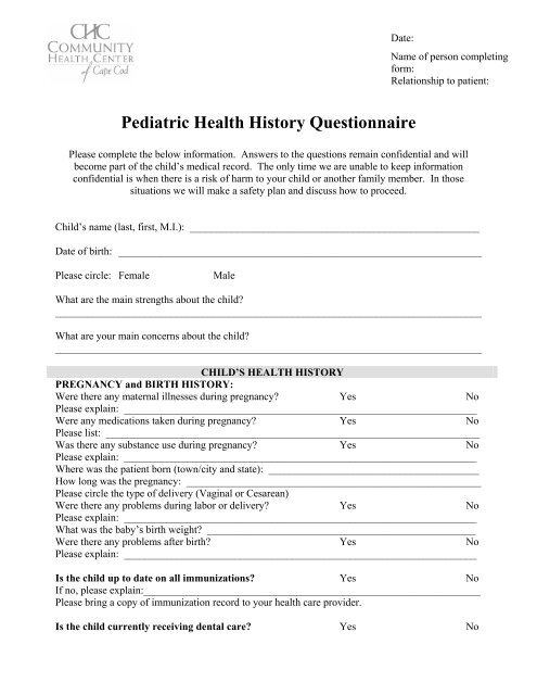Pediatric Health History Questionnaire - Community Health Center ...