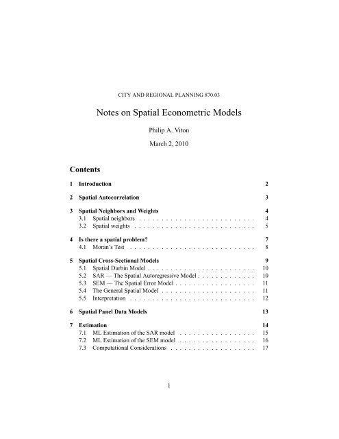 Notes On Spatial Econometric Models The Ohio State University