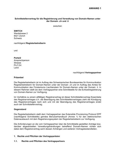 Partnervertrag Anhang 1 Schnittstellenvertrag - CH Domain