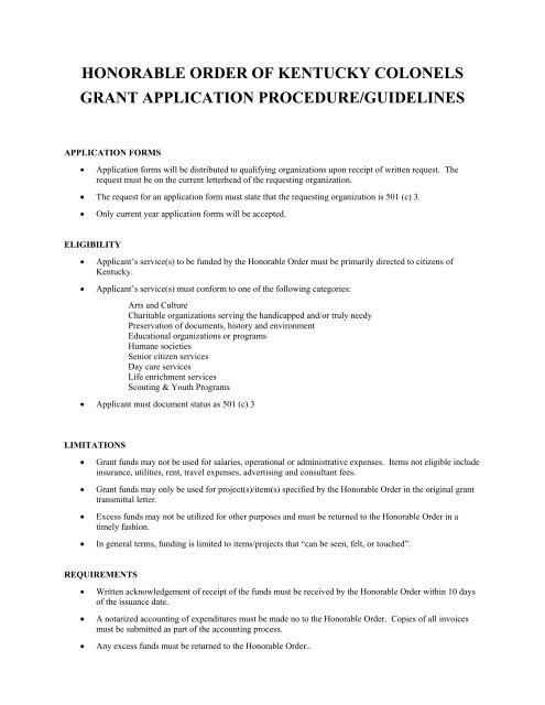 Grant Guidelines - Honorable Order of Kentucky Colonels