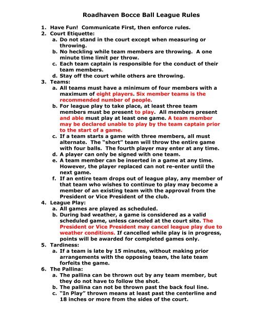 Roadhaven Bocce Ball League Rules