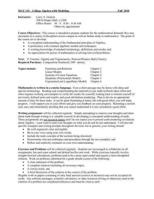 MAT 115D - College Algebra with Modeling - Berea College