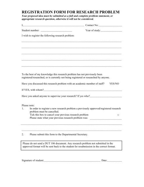 REGISTRATION FORM FOR RESEARCH PROBLEM