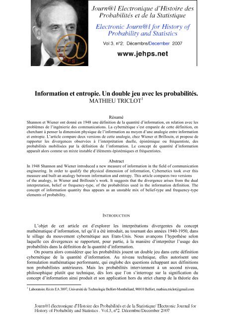 Information et entropie. Un double jeu avec les probabilitÃ©s.