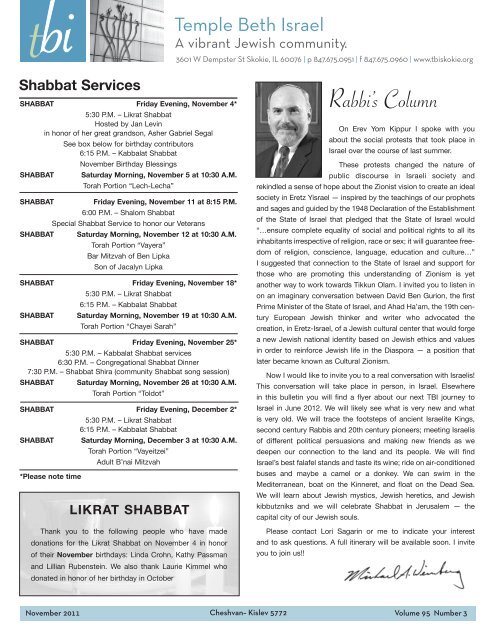 November 2011 Bulletin - Temple Beth Israel