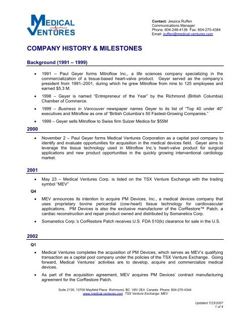 COMPANY HISTORY & MILESTONES - Neovasc Inc.
