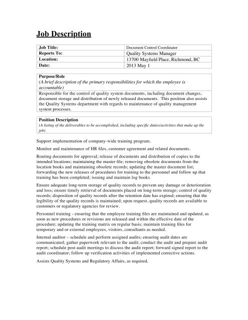 Document Control Coordinator (New)