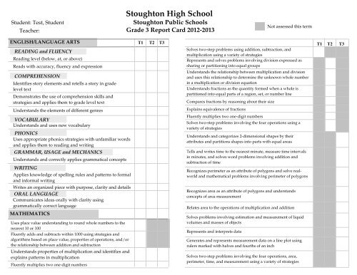 Grade 3 Standards Based Report Card - Stoughton Public Schools