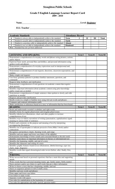 Grade 5 ELL Standards Based Report Card - Stoughton Public ...