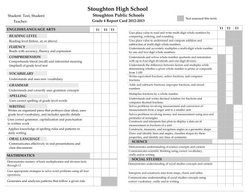 Grade 4 Standards Based Report Card - Stoughton Public Schools