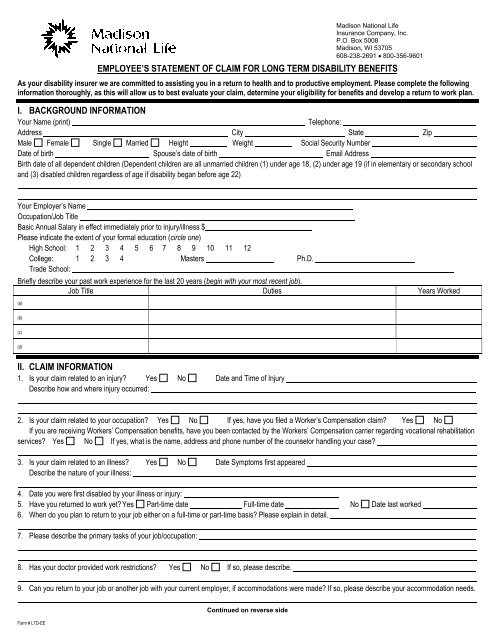 employee's statement of claim for long term disability benefits