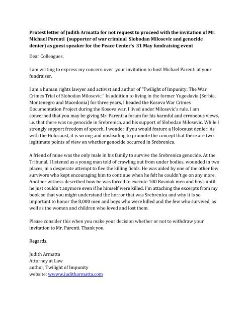 Protest letter of Judith Armatta for not request to proceed with the ...