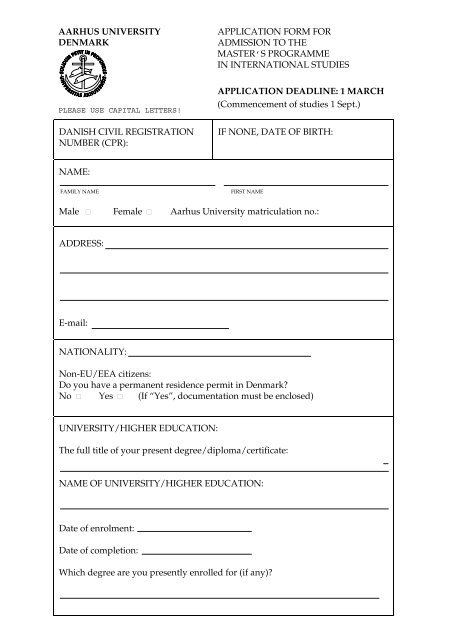 aarhus university denmark application form for admission to the ...