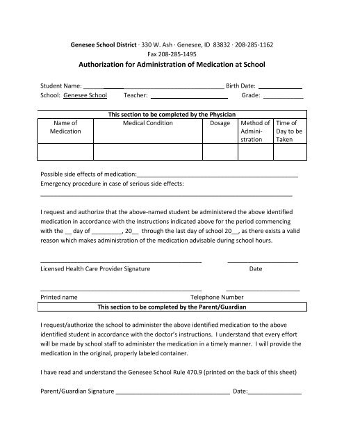 Authorization for Administration of Medication at School