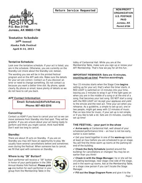 Return Service Requested Tentative Schedule - Alaska Folk Festival