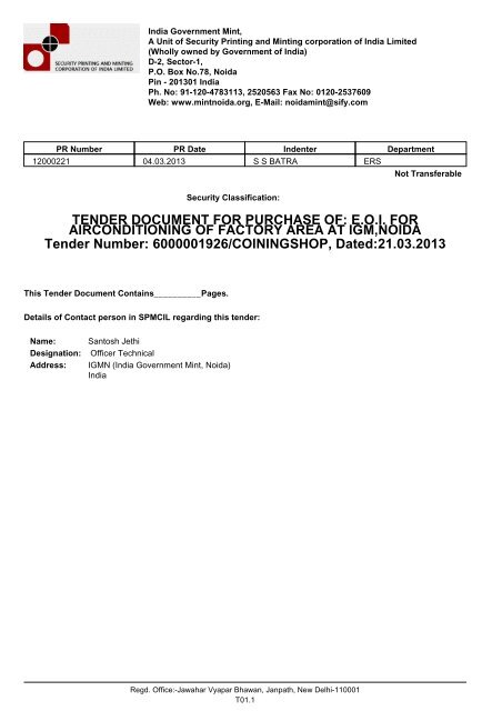 TENDER DOCUMENT FOR PURCHASE OF: E.O.I. FOR ...