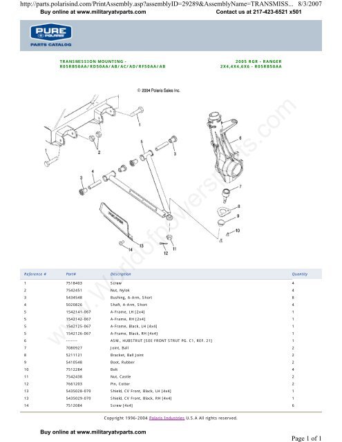 2005 Polaris Ranger 2x4, 4x4, 6x6 - Military ATV Parts