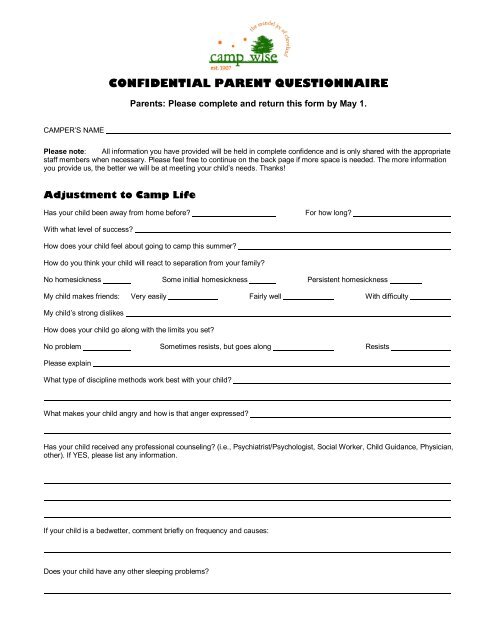 CONFIDENTIAL PARENT QUESTIONNAIRE - Camp Wise