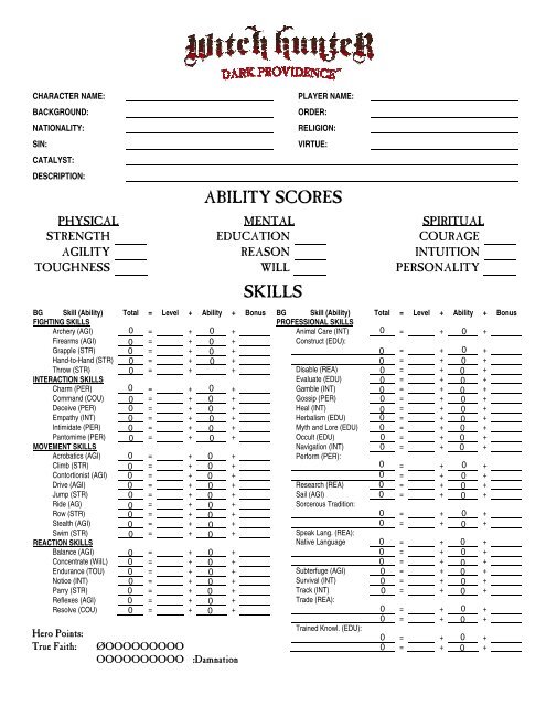 Witch Hunter Character Sheet - Paradigm Concepts