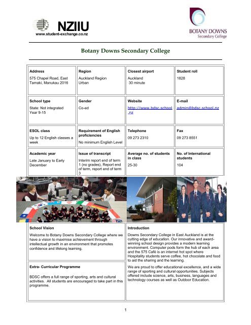 Botany Downs Secondary College - NZIIU Student Exchange