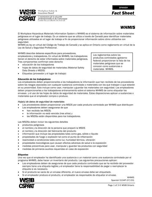 WHMIS Fact Sheet - Spanish - wsib