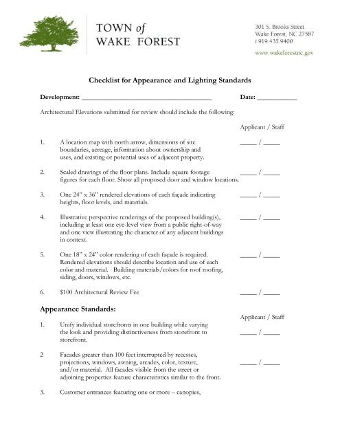 Checklist for Appearance and Lighting Standards Appearance ...
