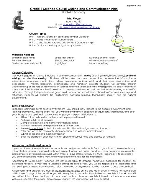 Grade 8 Science Course Outline and Communication Plan - Home
