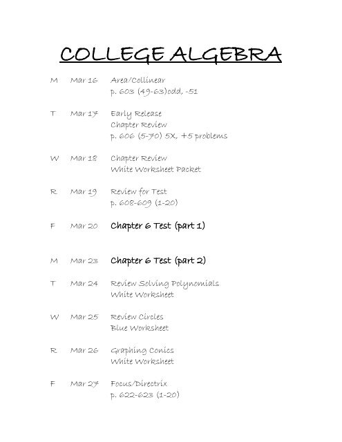 College Algebra Lesson Plans