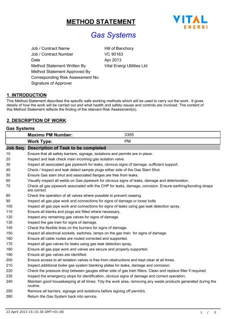 METHOD STATEMENT Gas Systems - Vital Energi