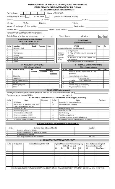 BHU/RHC New Inspection Proforma - PHSRP - Punjab