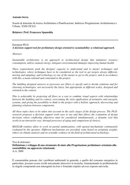 Scarica l'abstract della tesi di dottorato di Antonio Serra - FacoltÃ ...