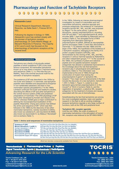 Pharmacology and Function of Tachykinin Receptors Pharmacology ...