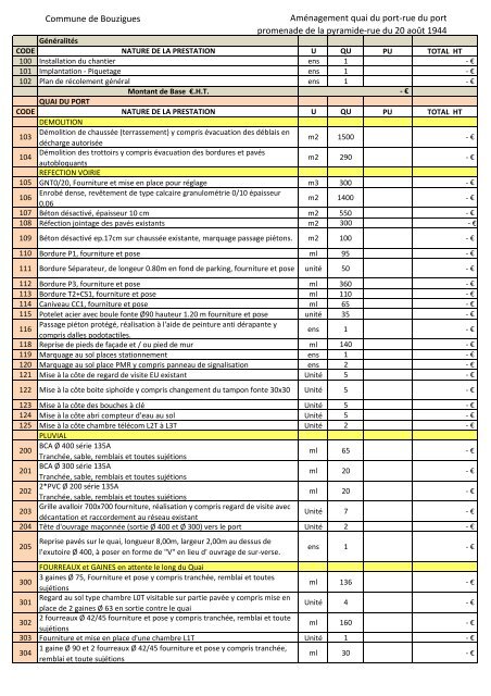Décomposition du Prix Global et Forfaitaire (DPGF) - Bouzigues