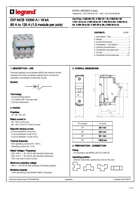 DX3 MCB 10000 A / 16 kA 80 A to 125 A (1,5 module (1,5 ... - Legrand
