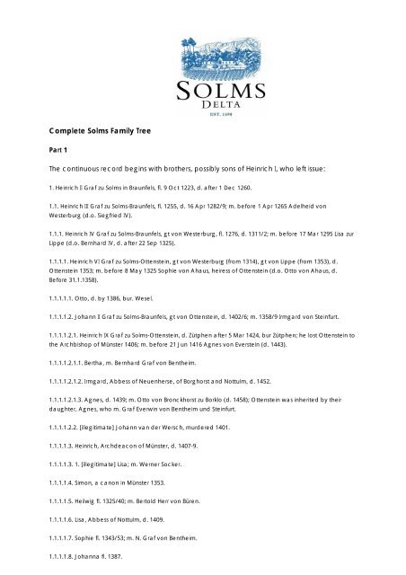 Complete Solms Family Tree - Solms-Delta