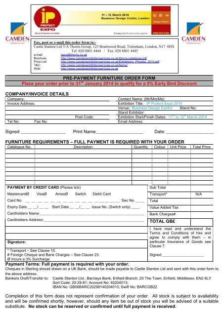 Furniture Order Form - from catalogue by Thorns - IP Protect Expo
