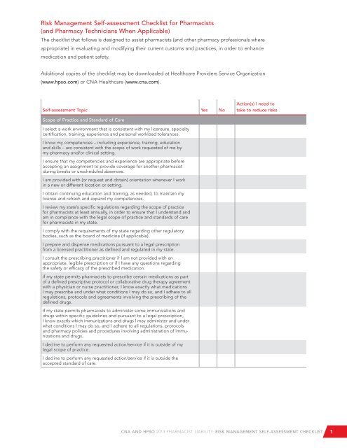 Risk Management Self-assessment Checklist for Pharmacists (and ... Risk Management Self-assessment Checklist for Pharmacists (and ...