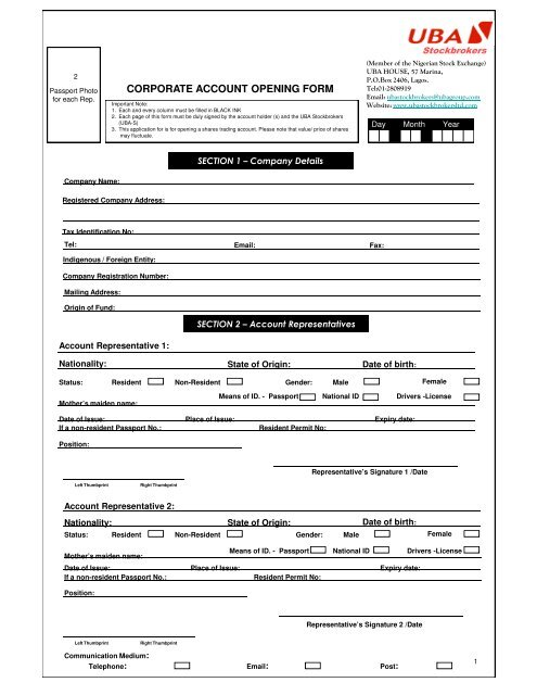 CORPORATE ACCOUNT OPENING FORM - UBA Plc