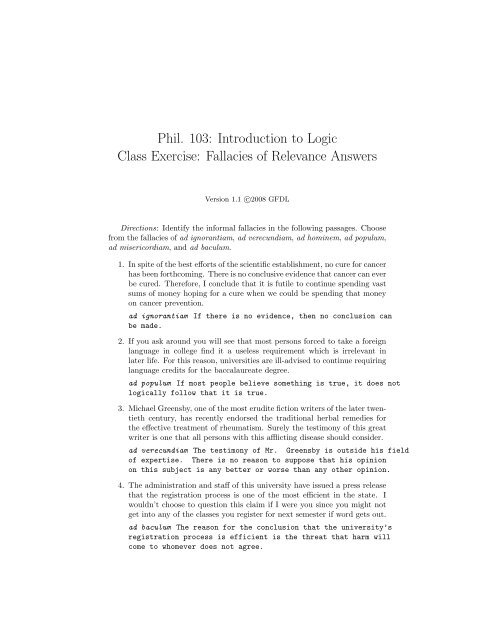 Phil. 103: Introduction to Logic Class Exercise - Philosophy Lander ...