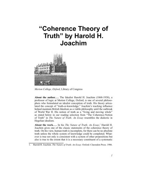 “Coherence Theory of Truth” by Harold H. Joachim - Philosophy ...