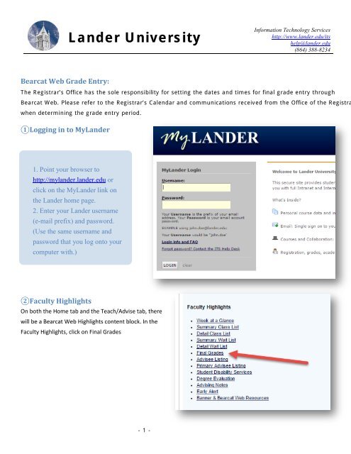 Bearcat Web Grade Entry: - Lander University