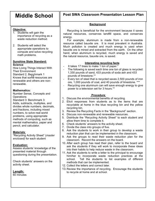 Middle School Lesson Plan - Solid Waste Authority
