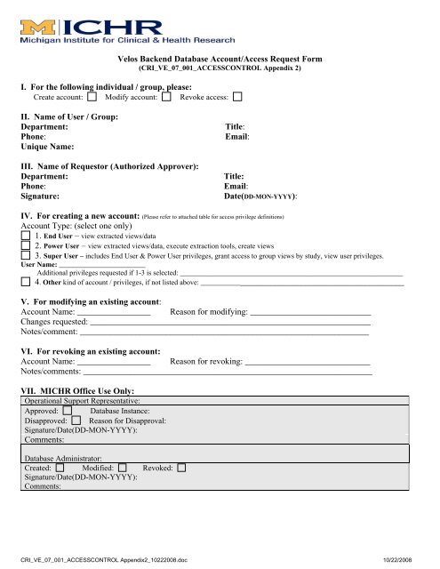 Velos IT database account request form