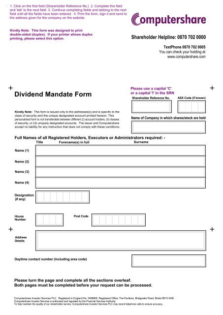 Access the Dividend Mandate form - Investors