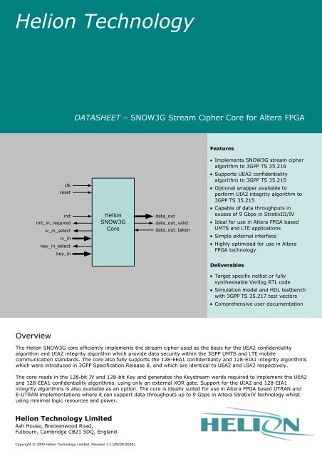 Helion SNOW3G (UEA2 UIA2) IP core for Altera FPGA