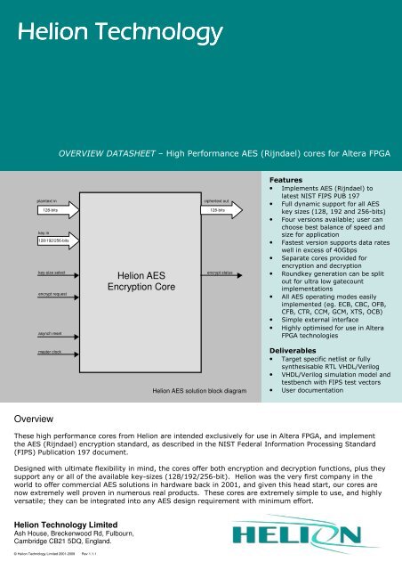 AES Altera FPGA core datasheet - Helion Technology Ltd