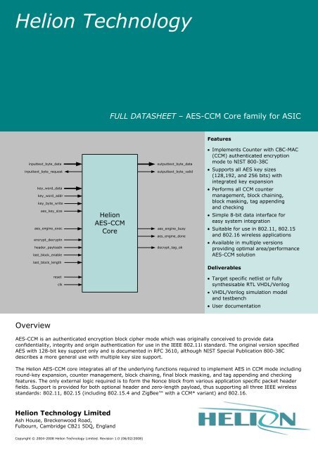 AES-CCM ASIC core datasheet - Helion Technology Ltd
