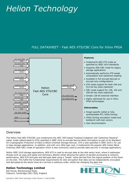 AES XTS CBC Xilinx core datasheet - Helion Technology Ltd