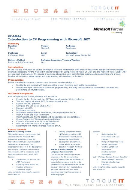 Introduction to C# Programming with Microsoft .NET - Torque IT
