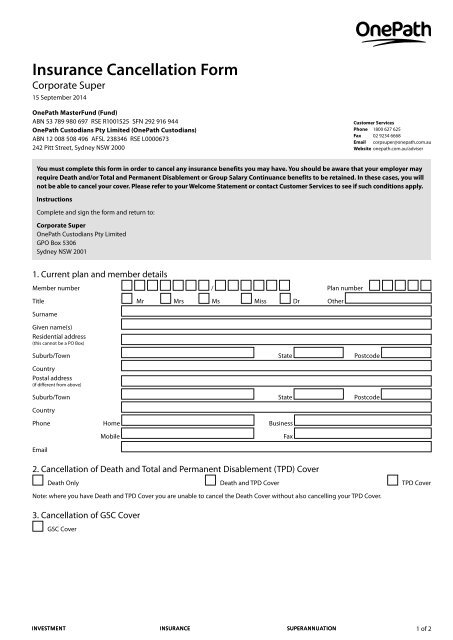 Insurance Cancellation Form - OnePath